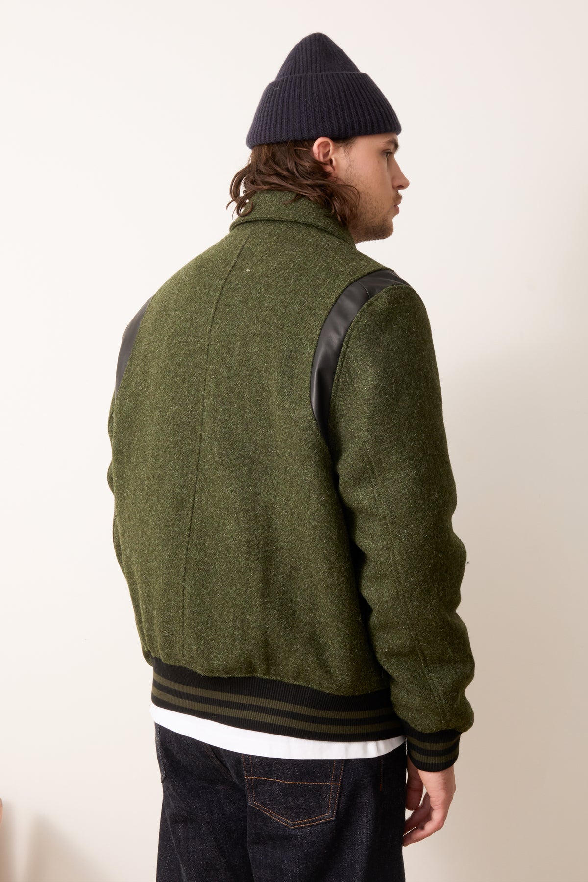 BG10 varsity jacket in green Harris Tweed® wool and leather - Bonnegueule